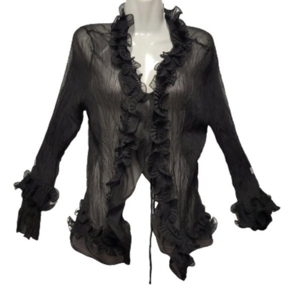 Tops | Frilly Ruffles Blouse Open Front Top Long Sleeve Black See ...